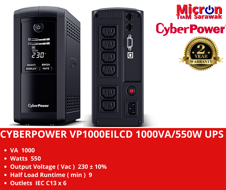 Cyberpower VP1000EILCD 1000VA 550W UPS IEC With LCD Status Display