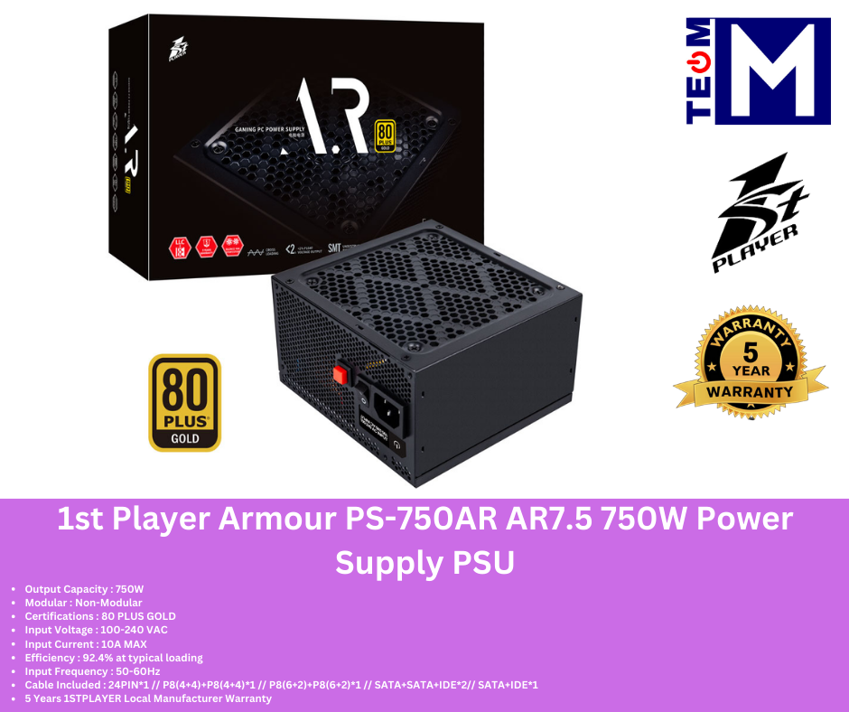 1stPlayer 750W, Armor 80Plus Gold, Non Modular, Flat Cable (PS-750AR ...