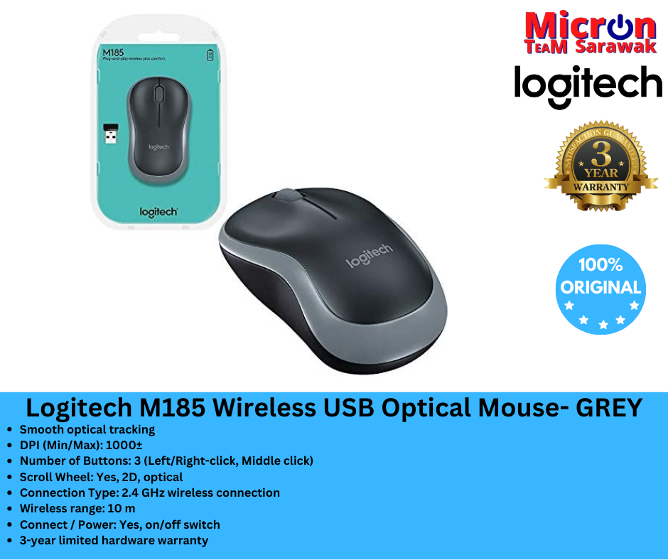 Logitech M185 Wireless Usb Optical Mouse Grey