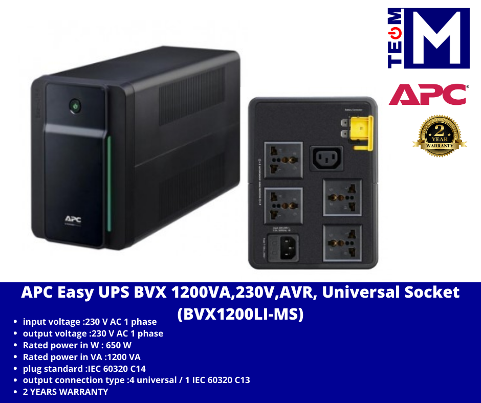 APC Easy UPS BVX 1200VA,230V,AVR, Universal Socket (BVX1200LI-MS)