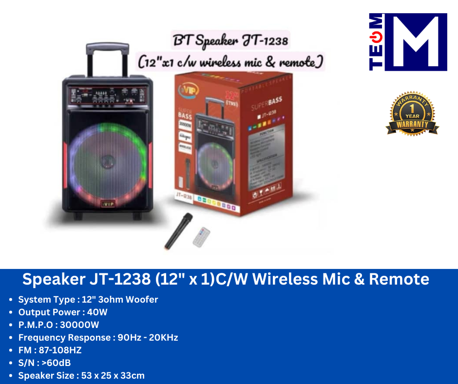 Speaker JT-1238 (12" x 1) C/W Wireless Mic & Remote