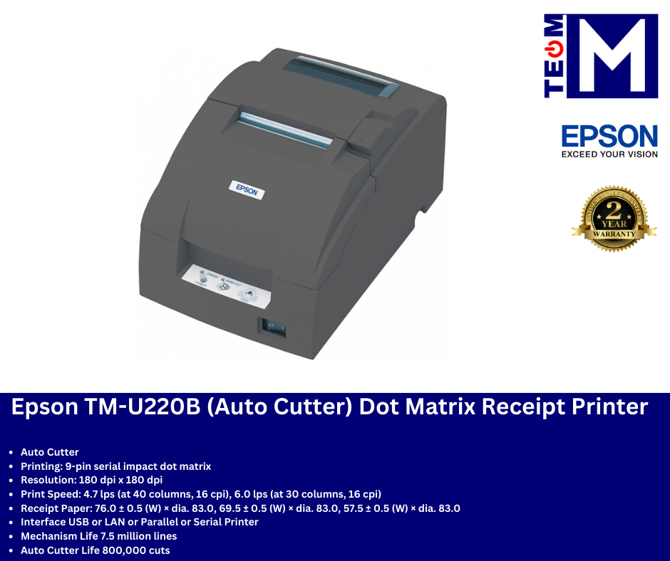 Epson TM-U220B (Auto Cutter) Dot Matrix Receipt Printer