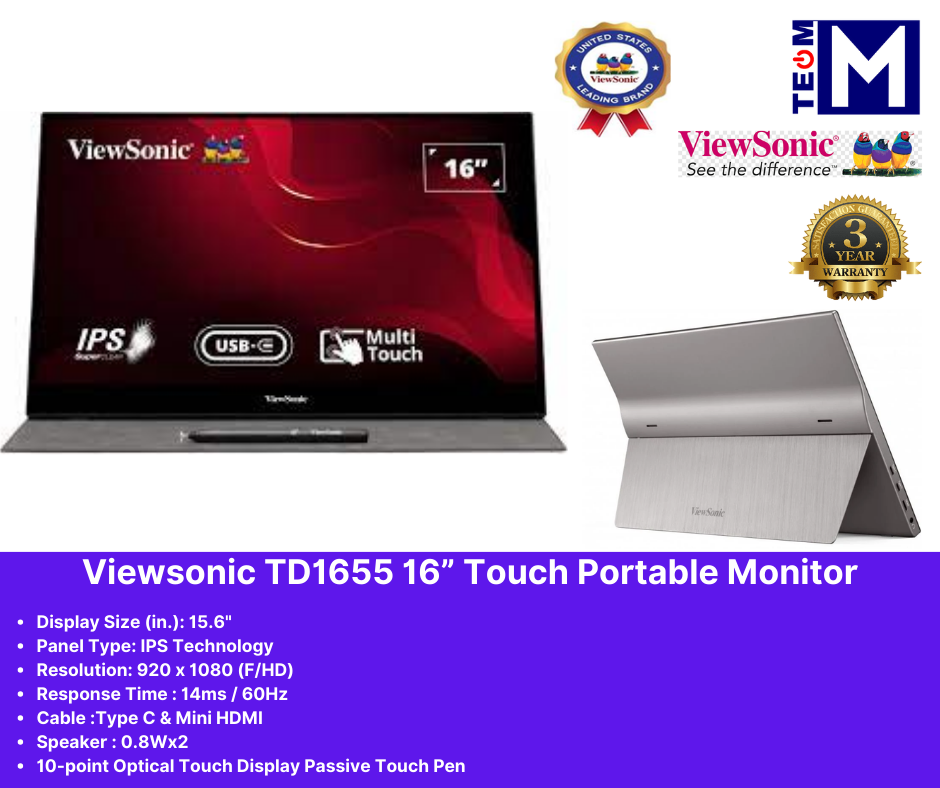Viewsonic TD1655 Full HD Touch 16” USB-C Portable, IPS Monitor